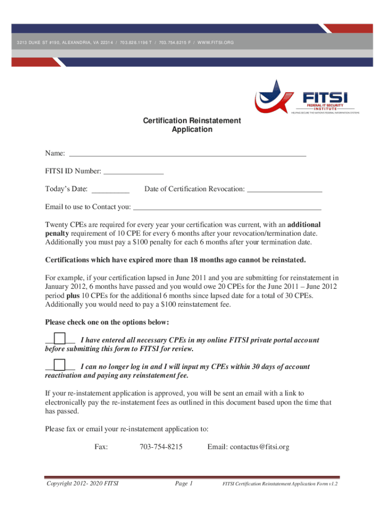 Fillable Online FITSI Certification Reinstatement Application Form Fax Email Print - pdfFiller