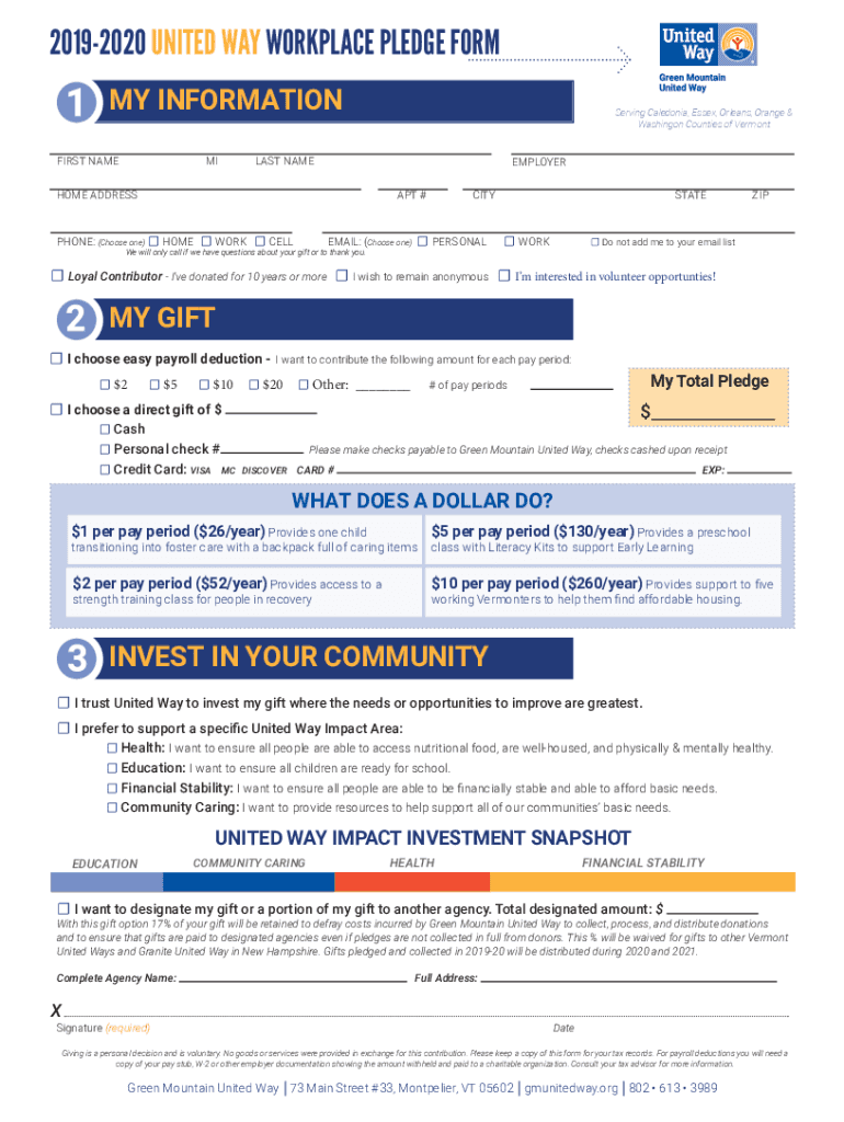 Fillable Online 2019-2020 UNITED WAYWORKPLACE PLEDGE FORM - Green ...