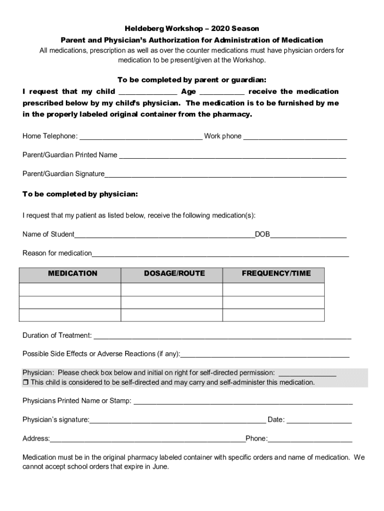 Fillable Online Physician Order for Administration of Medication by ...