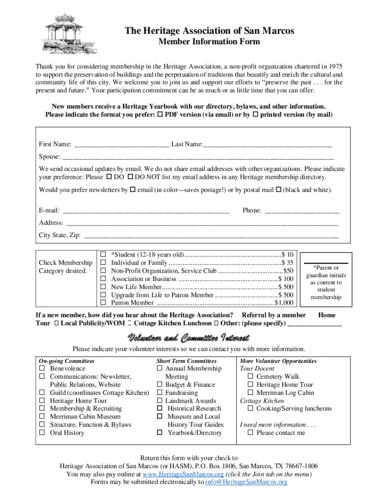 Fillable Online The Heritage Association of San Marcos 2021 New Member ...