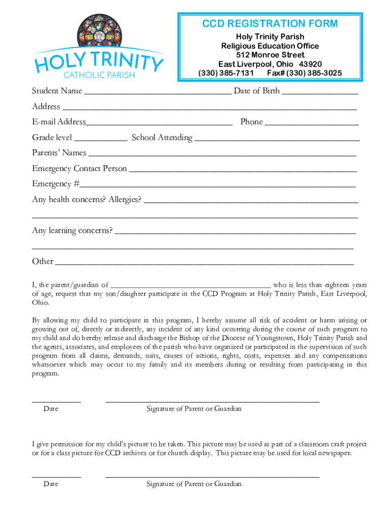 Fillable Online CCD Registration FormHoly Trinity Church Fax Email ...