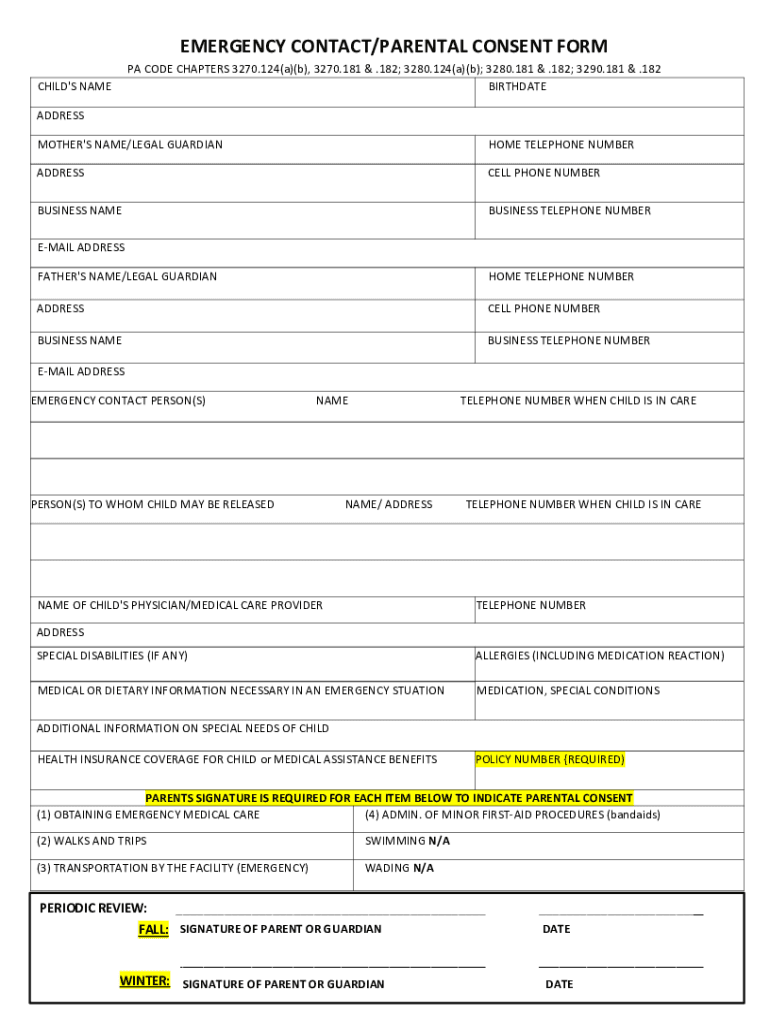 Fillable Online PDF EMERGENCY CONTACT PARENTAL CONSENT FORM Fax Email ...
