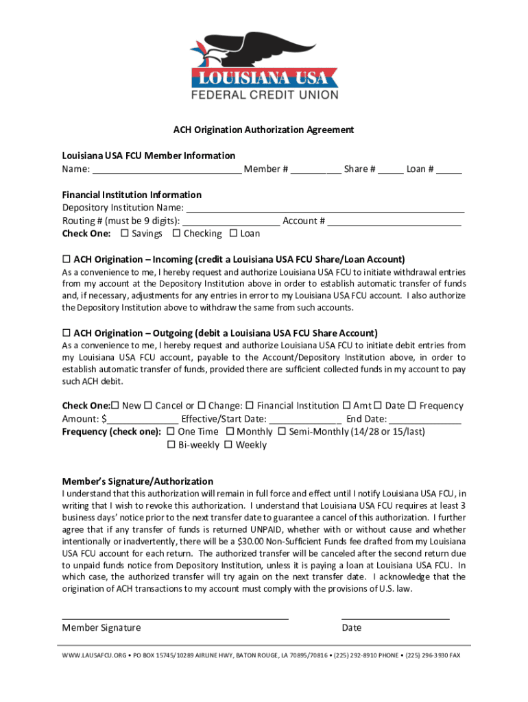 Fillable Online ACH Origination authorization Agreement - Louisiana USA ...