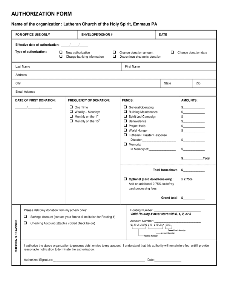 Fillable Online AUTHORIZATION FORM - The Lutheran Church of the Holy ...