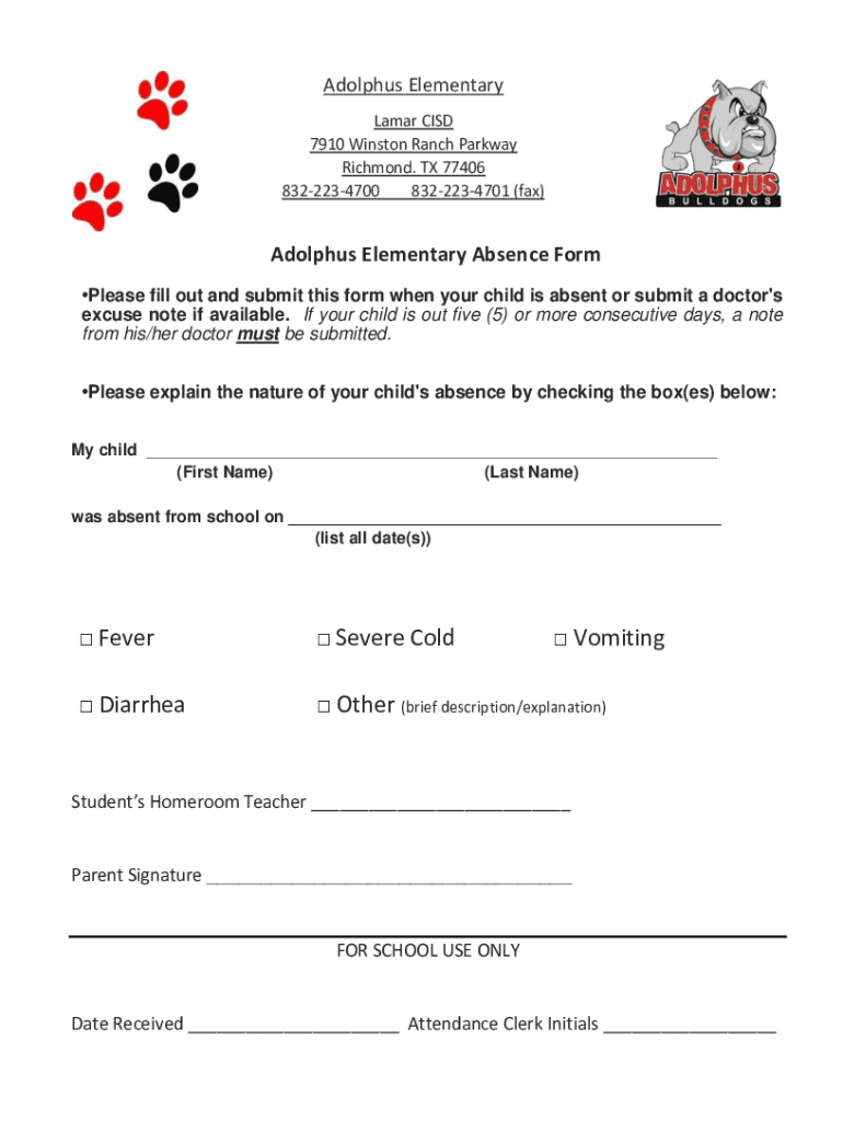 Fillable Online ADOLPHUS ELEMENTARY - Lamar Consolidated ISD Fax Email ...