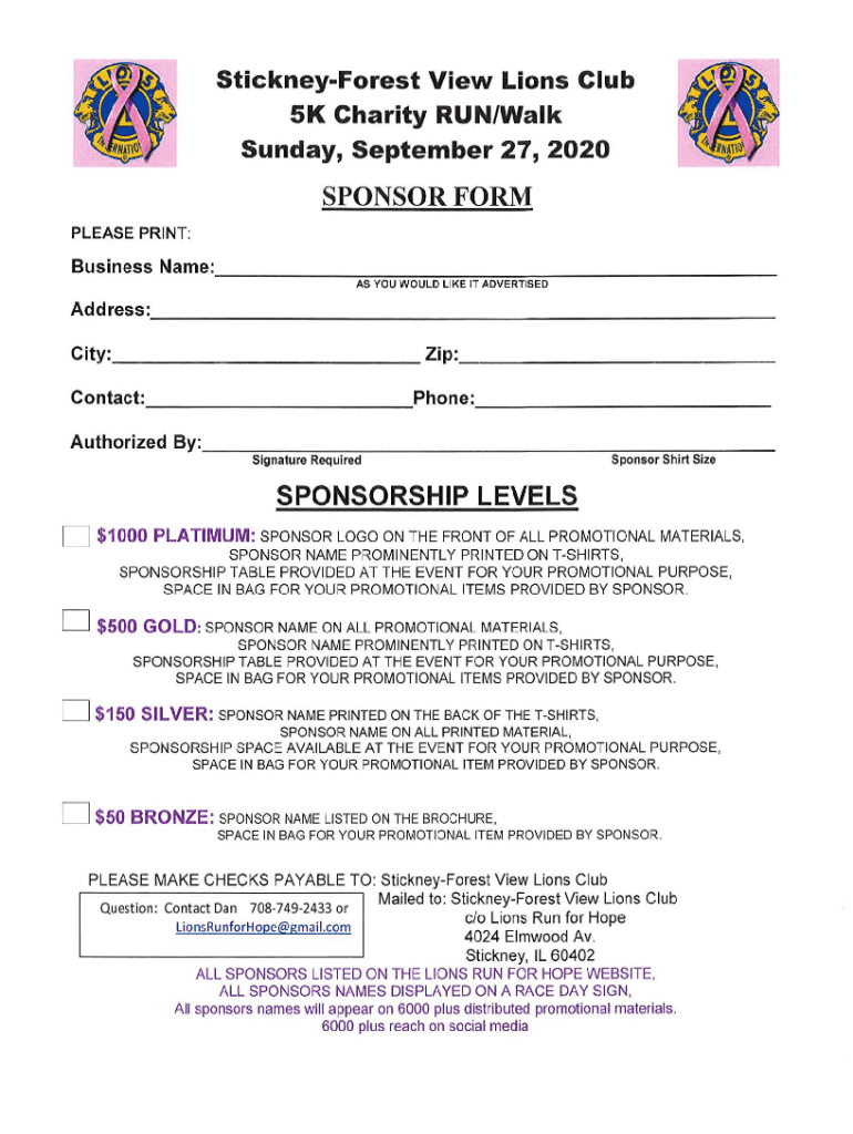 Fillable Online 2020 5K Charity Run/Walk Sponsor Form. Lions Club ...