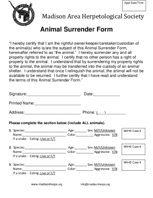 Fillable Online Animal Surrender Form - mediapeta.com Fax Email Print ...