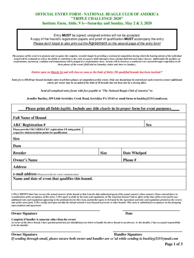 Fillable Online OFFICIAL ENTRY FORM - NATIONAL BEAGLE CLUB OF AMERICA ...
