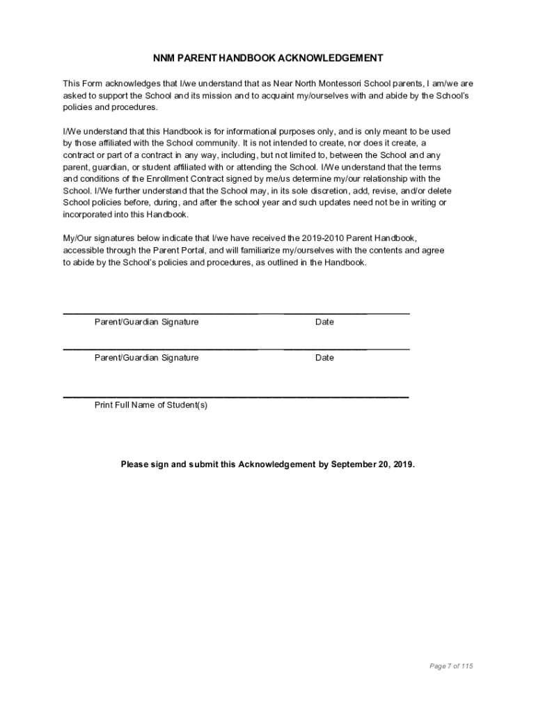 Fillable Online FREE 5+ Parent Handbook Acknowledgement Forms in PDFMS ...
