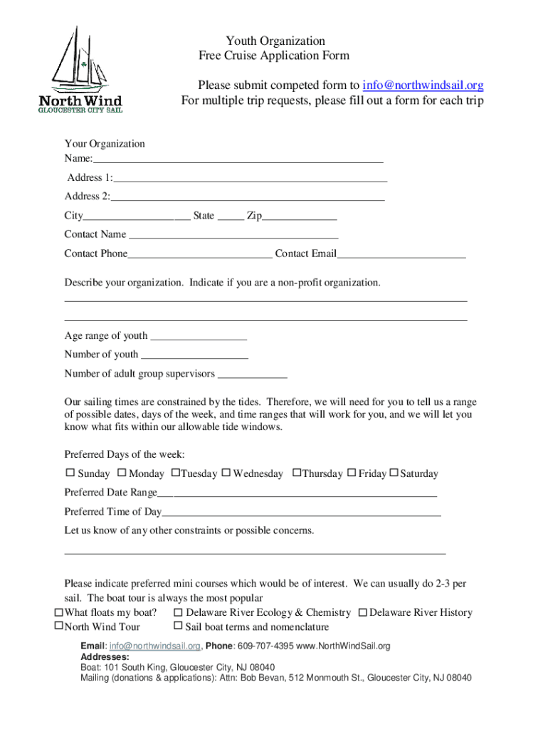 Fillable Online Youth Organization Free Cruise Application Form For ...