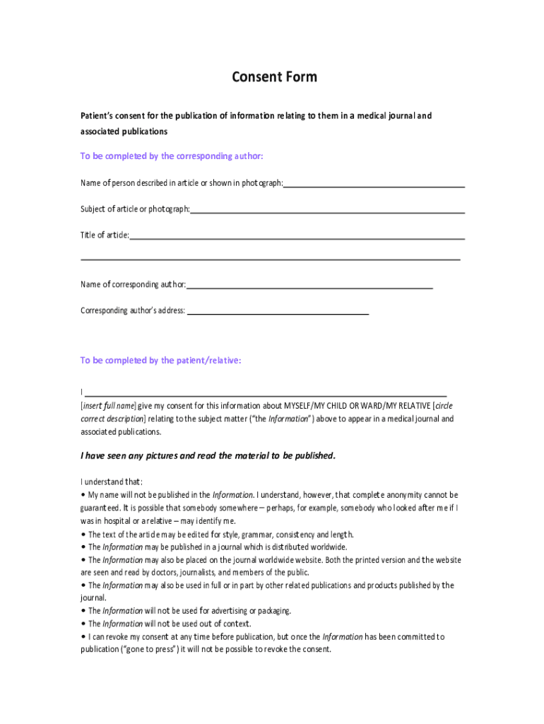 Fillable Online Consent Form Patients consent for the publication of ...