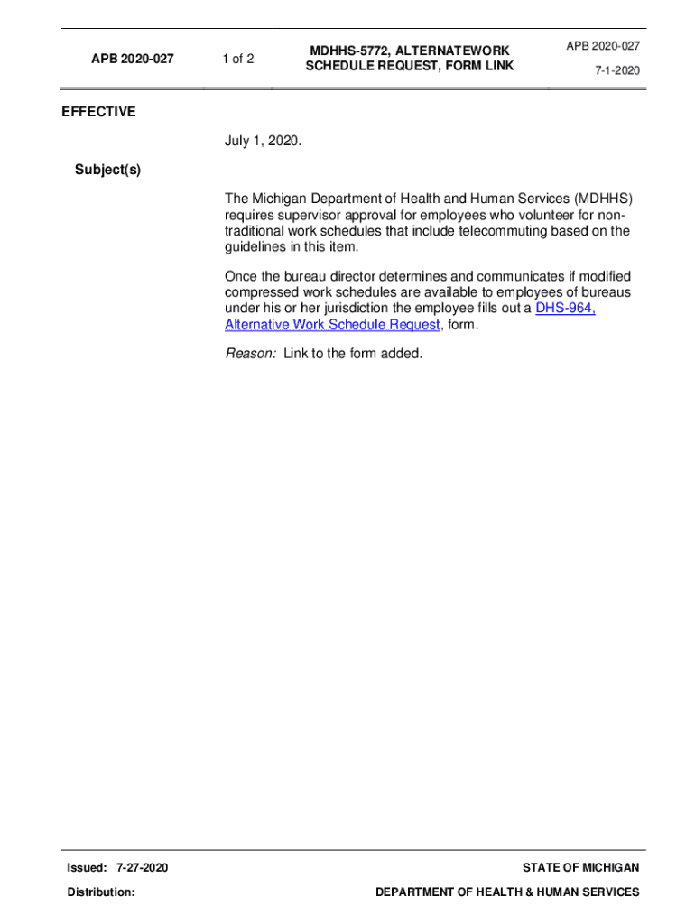 Fillable Online MDHHS-5772, ALTERNATEWORK SCHEDULE REQUEST, FORM LINK ...
