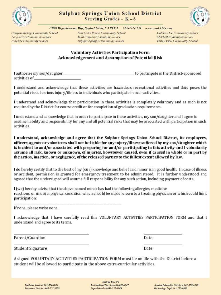 Fillable Online VOLUNTARY ACTIVITIES PARTICIPATION FORM ACKNOWLEDGEMENT ...