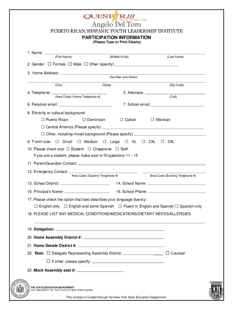 Fillable Online Angelo Del Toro - Puerto Rican/Hispanic Youth Leadership ... Fax Email Print ...