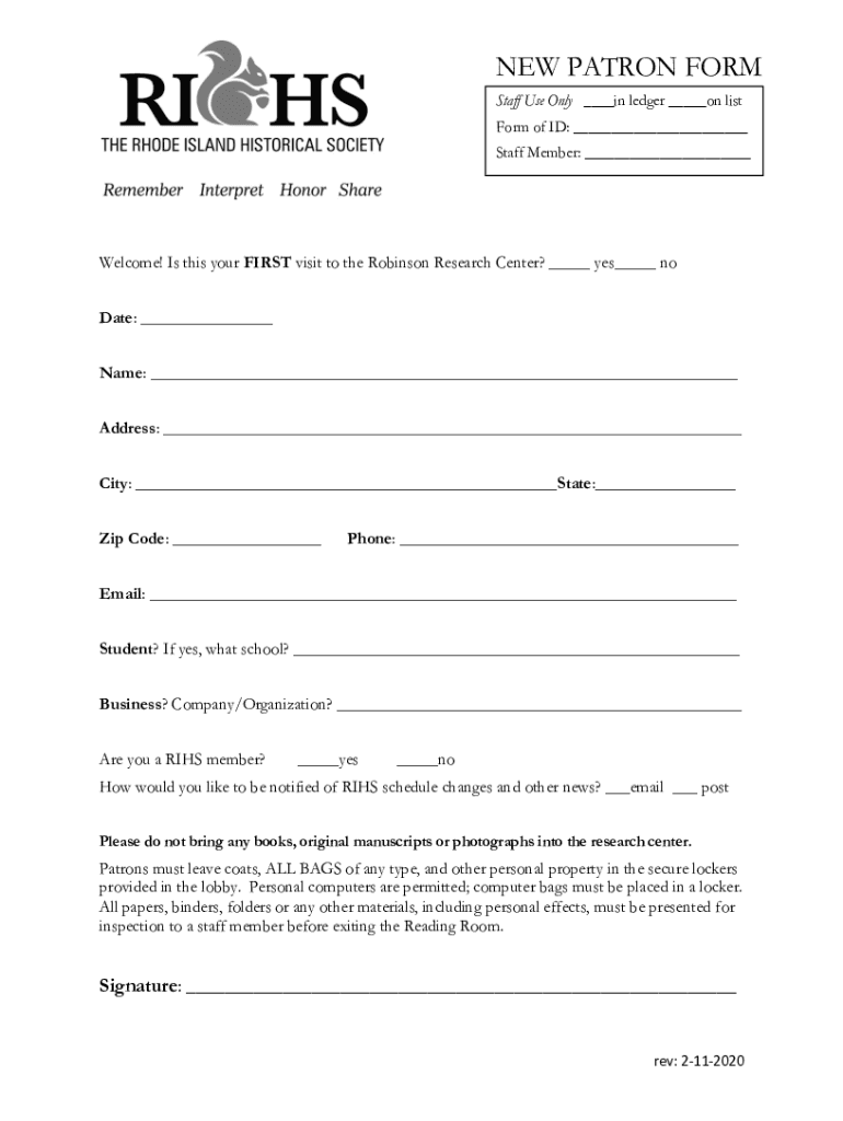 Fillable Online NEW PATRON FORM - Rhode Island Historical Society Fax ...