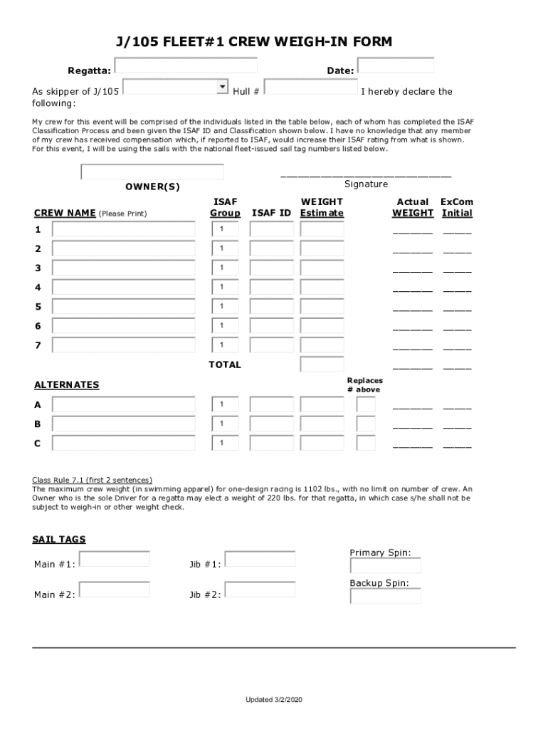 Fillable Online J/105 Fleet #1 Crew Weigh-in Form Fax Email Print ...