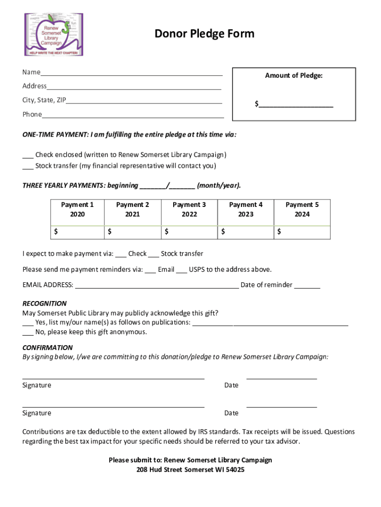 Fillable Online Donor Pledge Form - Somerset Public Library Fax Email ...