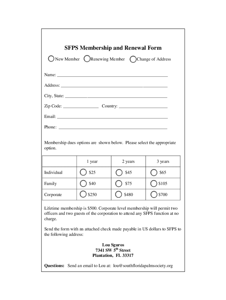 Fillable Online SFPS Membership and Renewal Form Fax Email Print ...