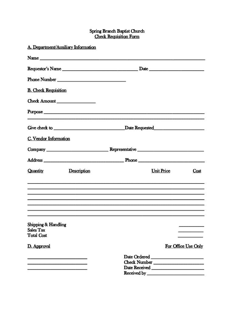 Fillable Online Spring Branch Baptist Church Check Requisition Form Fax ...