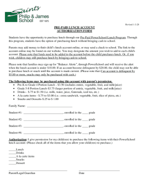 Fillable Online Revised 1-3-20 PRE-PAID LUNCH ACCOUNT AUTHORIZATION ...