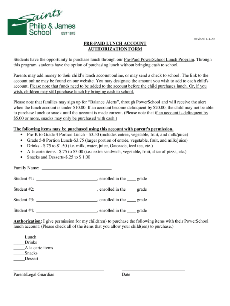 Fillable Online Revised 1-3-20 PRE-PAID LUNCH ACCOUNT AUTHORIZATION ...