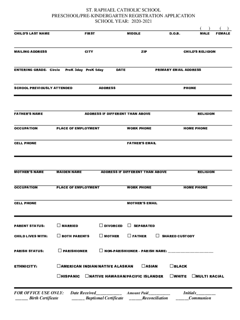 Fillable Online ST. RAPHAEL CATHOLIC SCHOOL PRESCHOOL/PRE-KINDERGARTEN ...