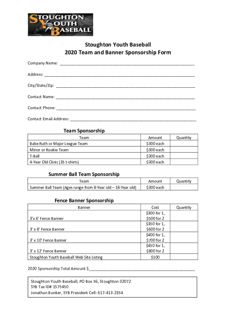 Fillable Online 2020 Stoughton Youth Baseball Sponsor Form.docx Fax ...