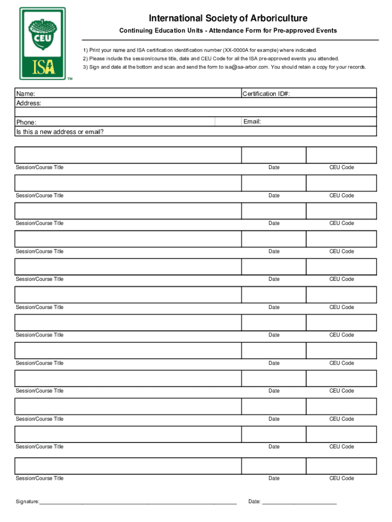 Fillable Online Continuing Education Unit (CEU) Attendance Form Fax ...