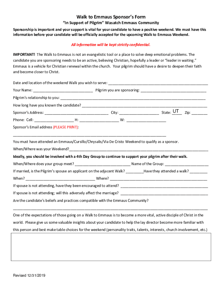 Fillable Online WEST TENNESSEE EMMAUS COMMUNITY PILGRIM APPLICATION FORM Fax Email Print - pdfFiller
