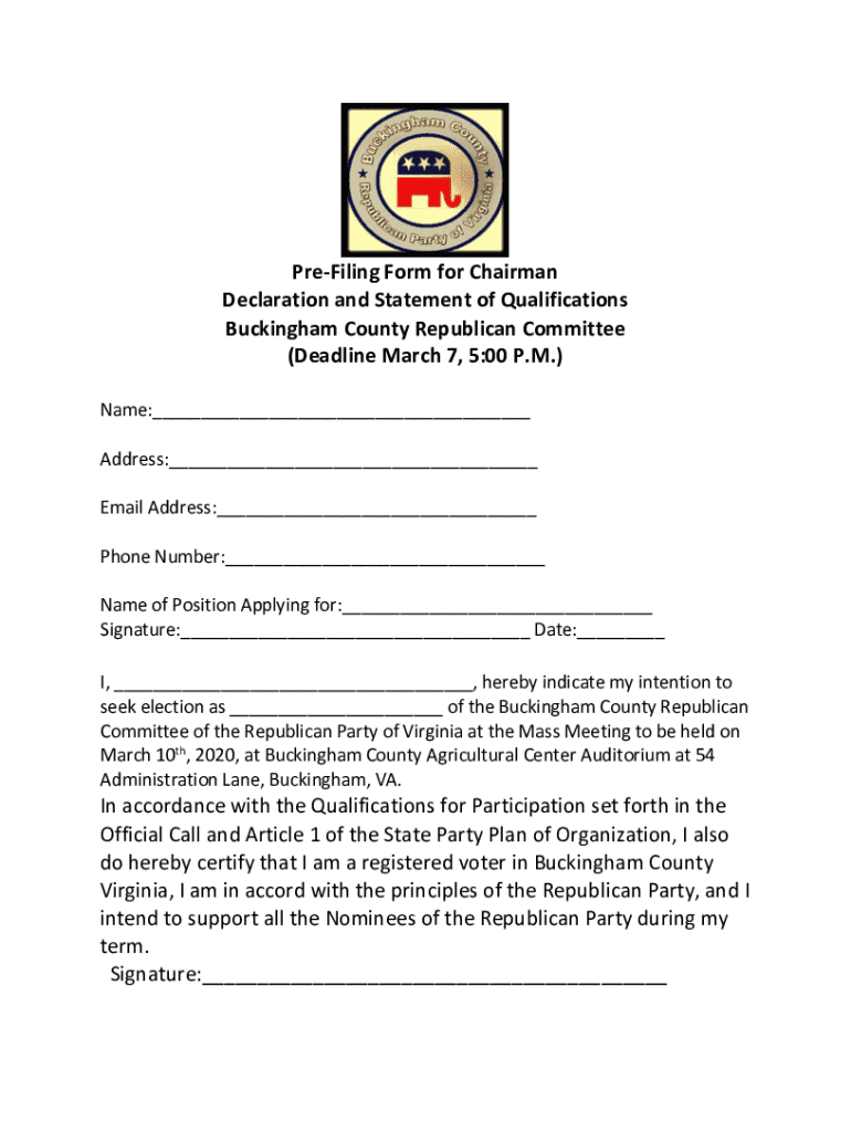 Fillable Online Pre-Filing Form for Chairman Declaration and Statement ...