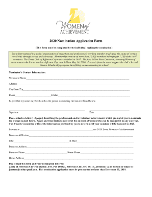 Fillable Online 20 Nomination Application Form - zontajcmo.org Fax ...