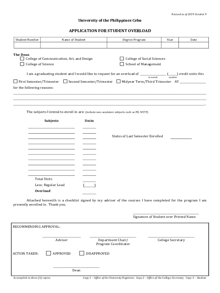 Fillable Online UPC FORM Application for Student Overload Fax Email ...