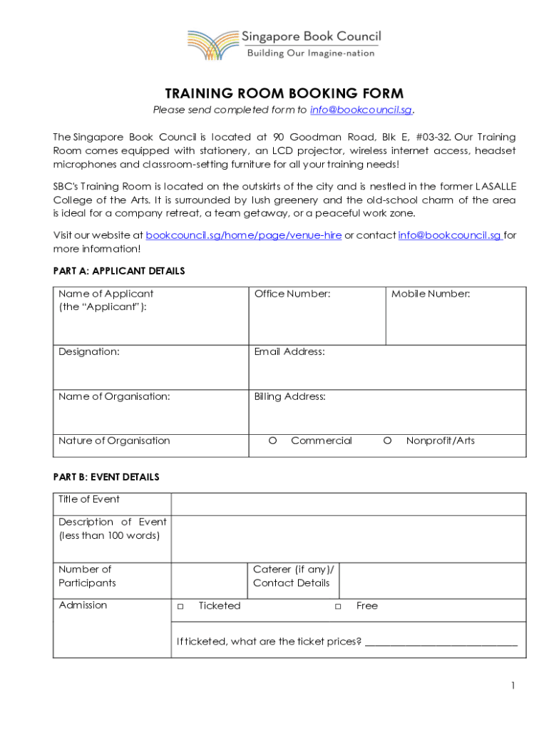 Fillable Online TRAINING ROOM BOOKING FORM - Singapore Book Council Fax ...
