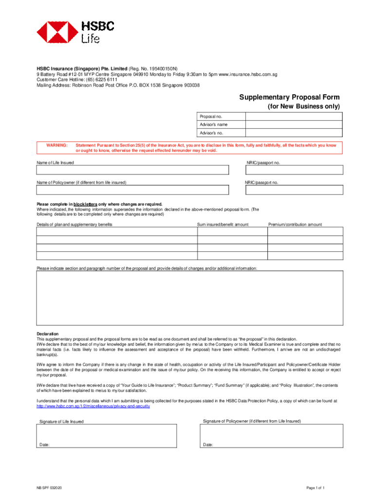 Fillable Online Supplementary Proposal Form (for New ... - HSBC SG ...
