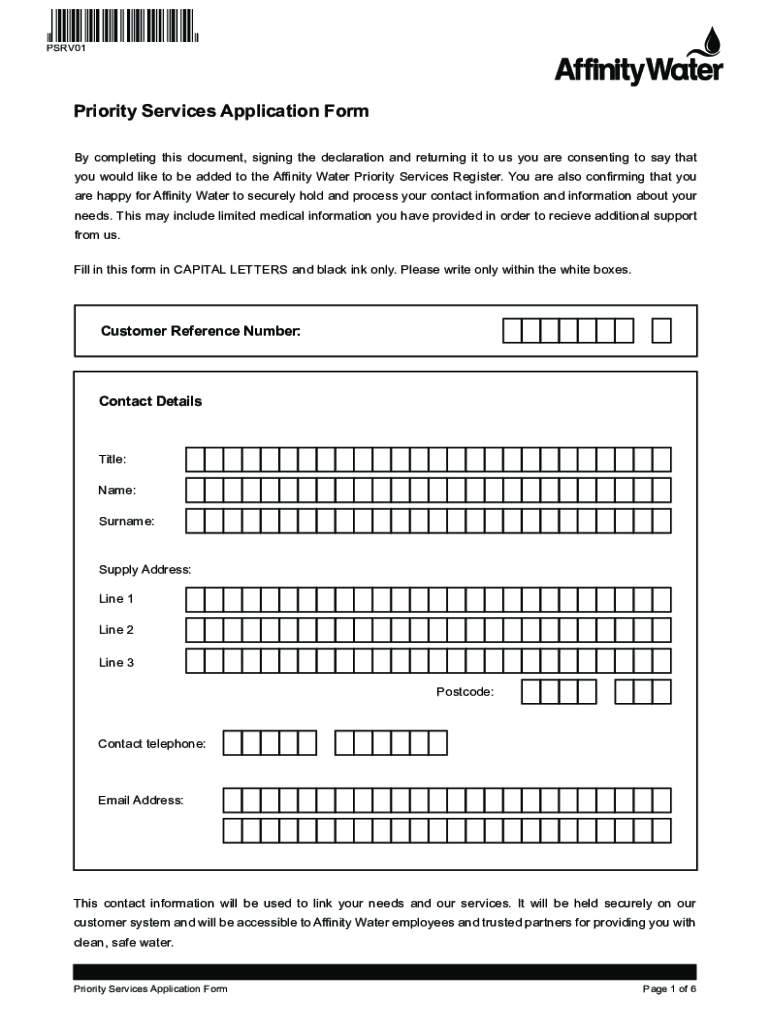 Fillable Online Priority Services Application Form - Affinity Water Fax ...