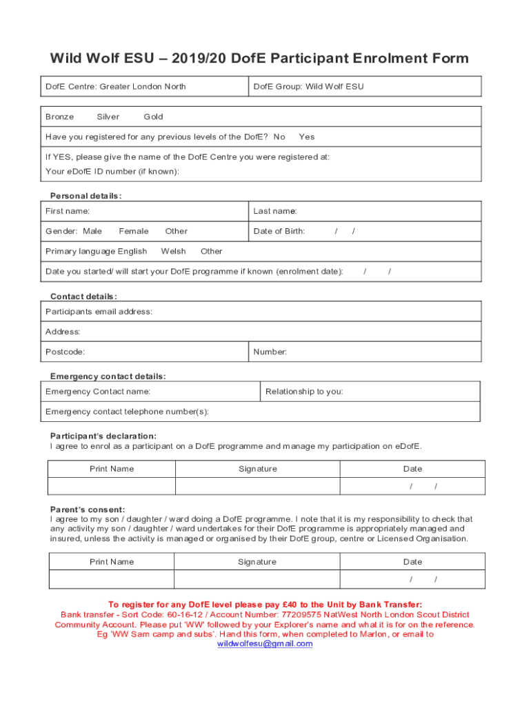 Fillable Online WWESU DofE Registration Form.docx Fax Email Print ...