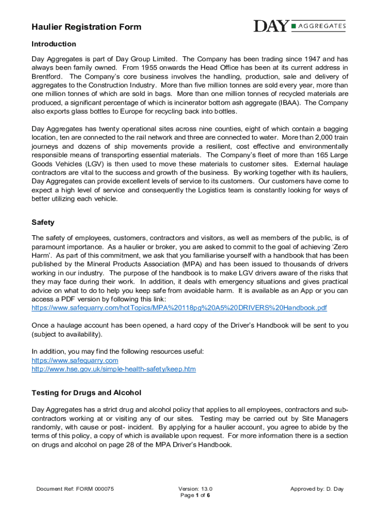 Fillable Online Haulier Registration Form - Day Aggregates Fax Email ...