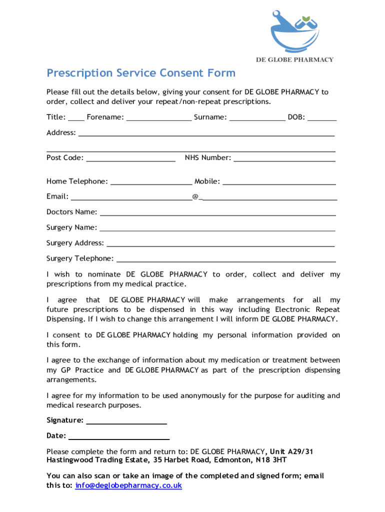 Fillable Online Prescription Service Consent Form - De Globe Pharmacy ...