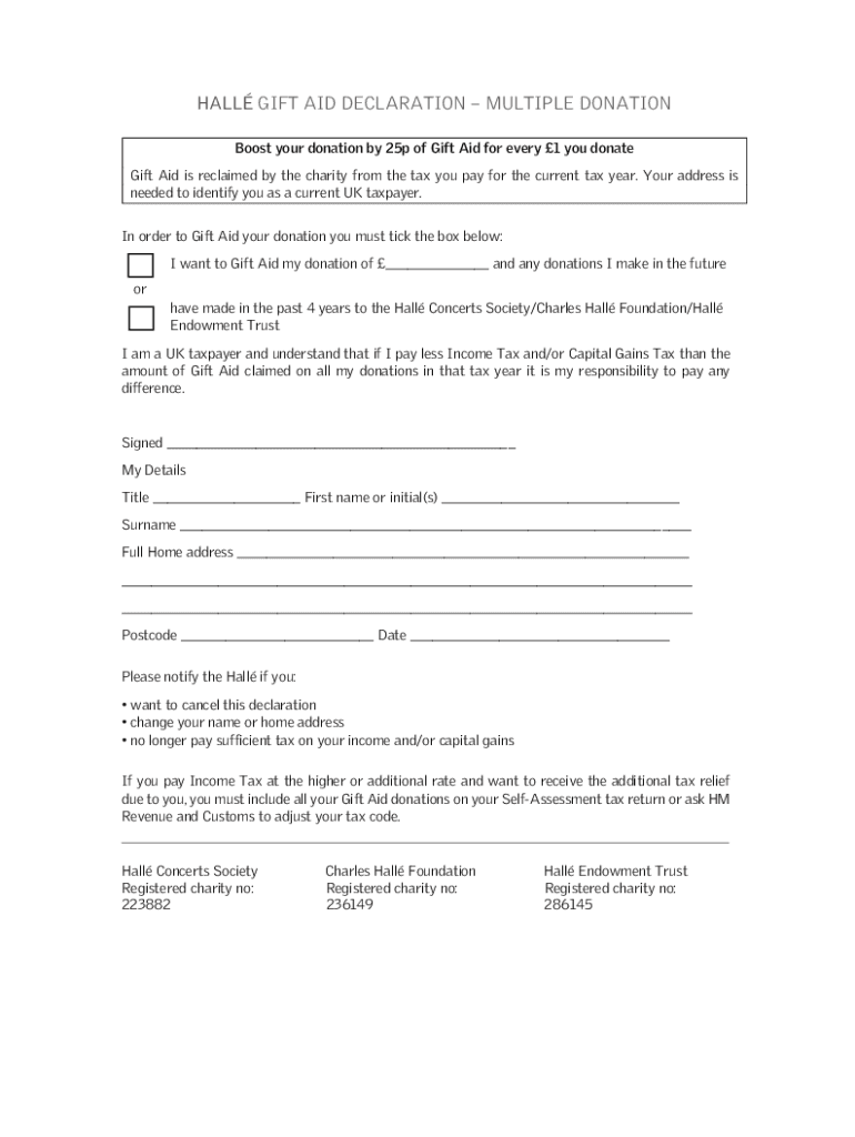 Fillable Online Charity Gift Aid Declarationmultiple donationCharity Gift Aid ...