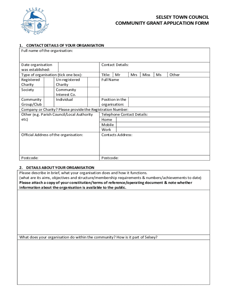 Fillable Online SELSEY TOWN COUNCIL EVENT GRANT APPLICATION FORM Fax ...