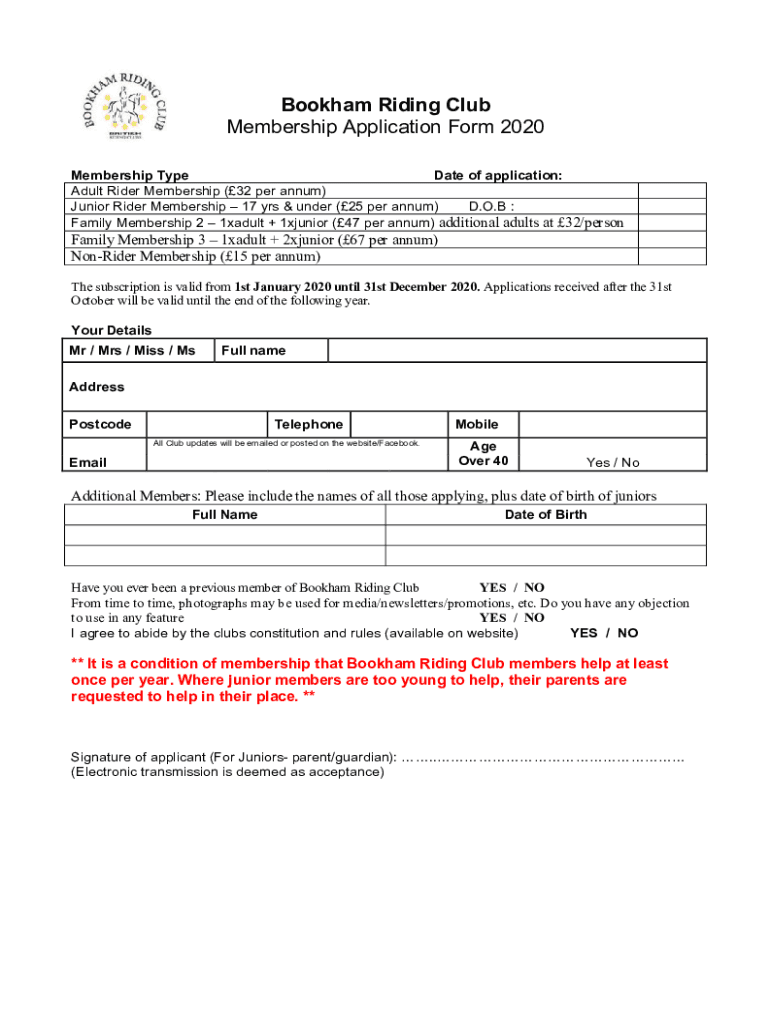 Fillable Online Fillable Online Bookham Riding Club Membership ...