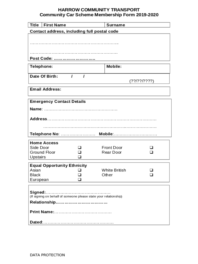 HARROW COMMUNITY TRANSPORT. Individual Membership Doc Template | pdfFiller