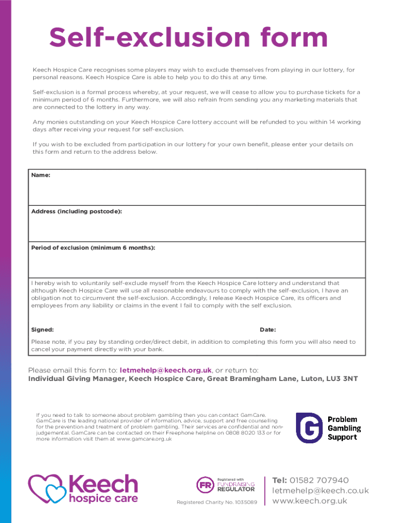Fillable Online Self-exclusion form - keech.org.uk Fax Email Print ...