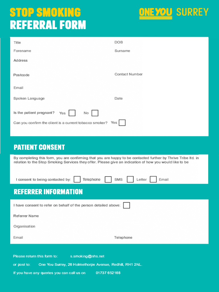 Fillable Online STOP SMOKING 0NEYOU SURREY REFERRAL FORM Fax Email ...