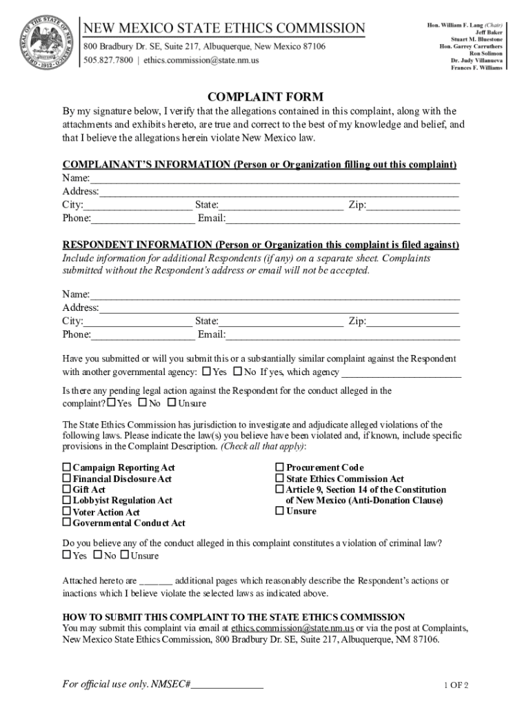 Fillable Online STATE ETHICS COMMISSION COMPLAINT FORM INSTRUCTIONS Fax ...