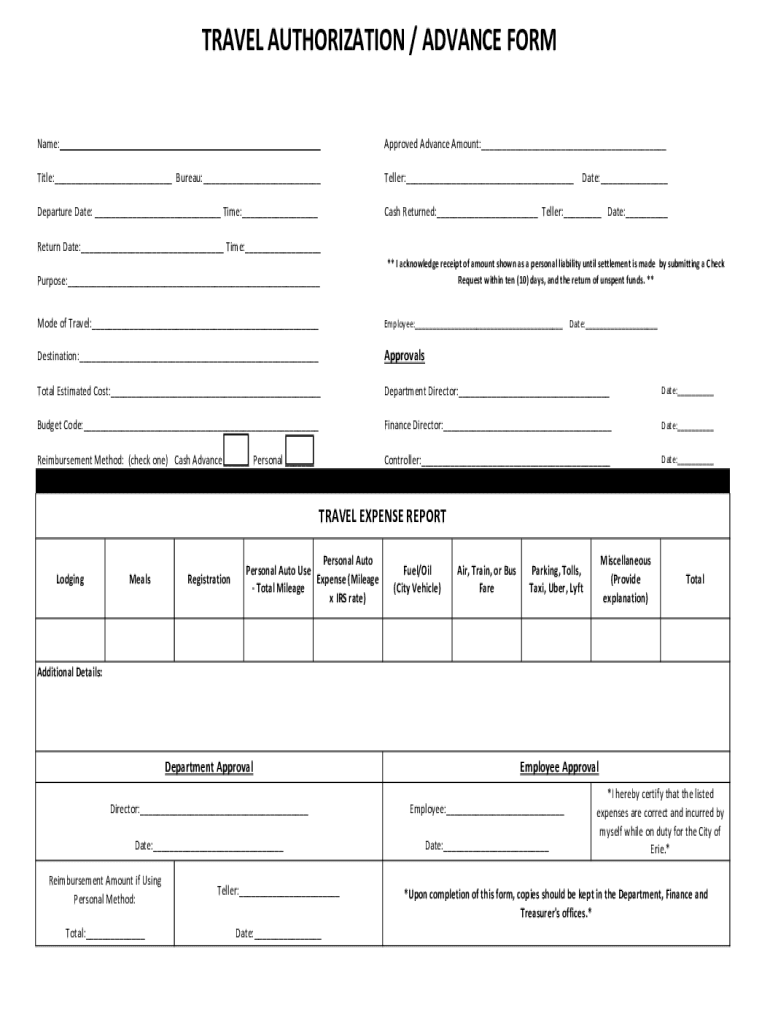 Fillable Online TRAVEL AUTHORIZATION / ADVANCE FORM - Erie, PA Fax ...