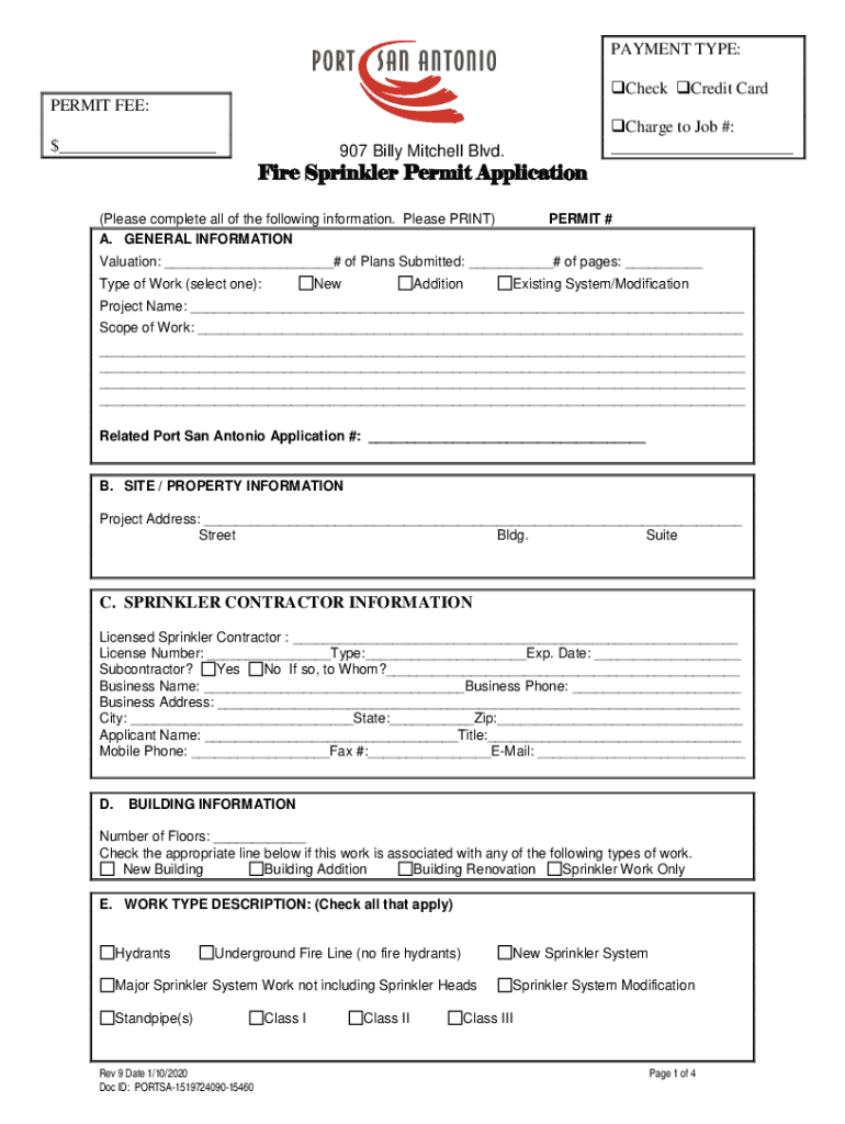Fillable Online Fire Sprinkler Permit Application - Port San Antonio ...