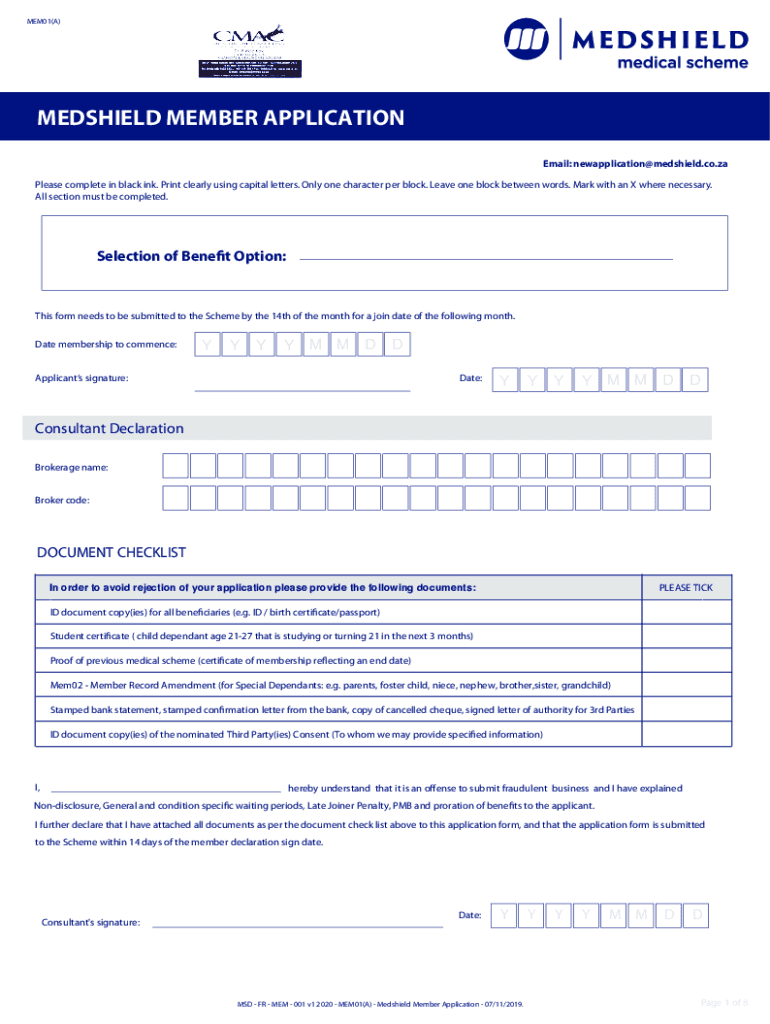 Fillable Online cmacklerksdorp co MEDSHIELD MEMBER APPLICATIONMEDSHIELD ...