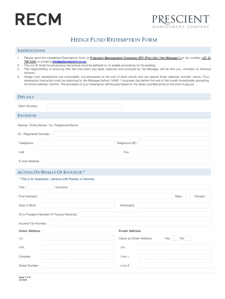 Fillable Online HEDGE FUND REDEMPTION F - Blue Quadrant Capital ...