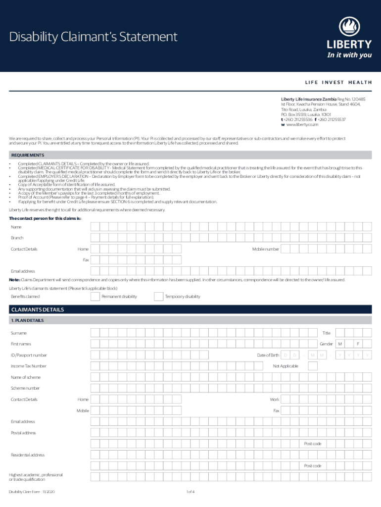 Fillable Online Liberty Zambia Disability Claim Form - Oct 2020.indd ...